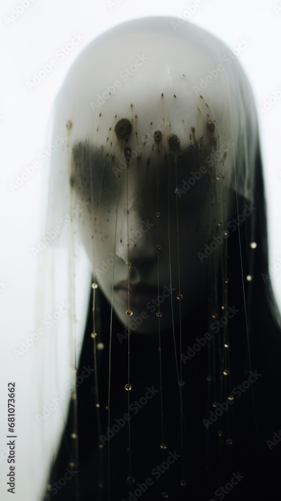 a close up of a woman's face with a veil over her head and beads ...
