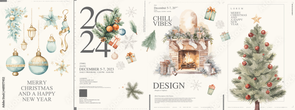 Merry Christmas and happy new year. 2024. Watercolor posters. Cozy ...