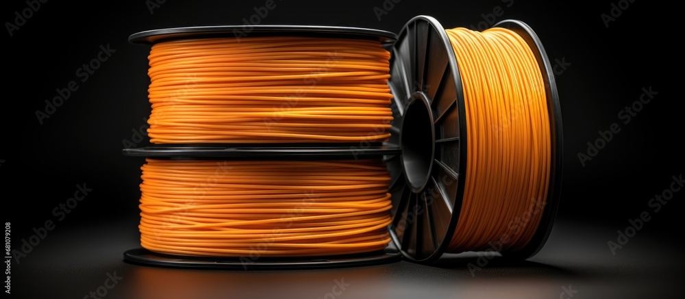 Samples of filament for a 3D printer in the color orange Copy space ...