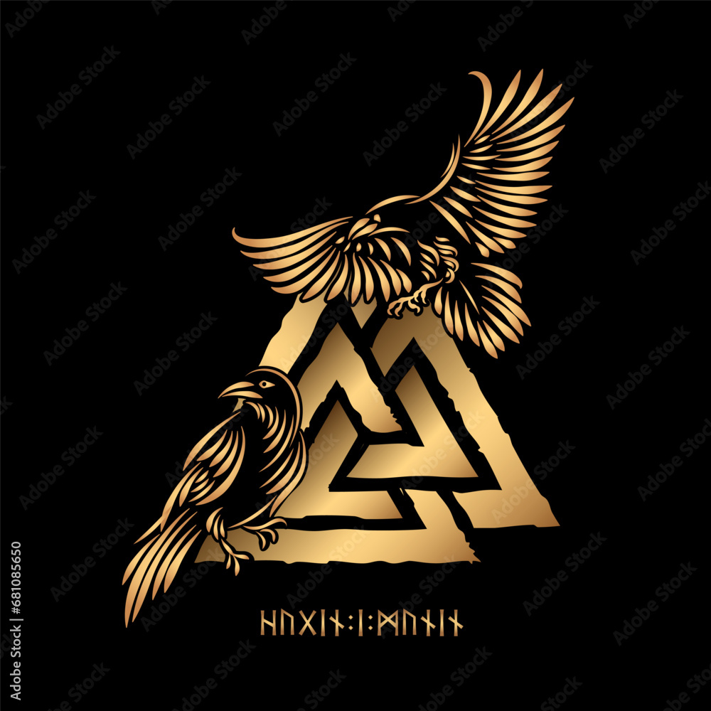 Valknut and Odin's ravens - munin and hugin inscription on the runes ...