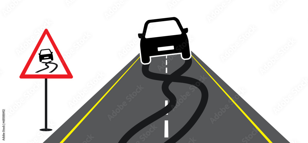 Slippery road. Cartoon car skidding uncontrollably across the highway ...