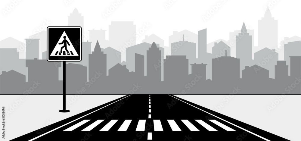 Traffic light, city street with zebra lines road marking and stoplight ...