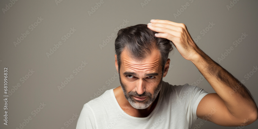 handsome middle-aged man with a thoughtful expression and examining his ...