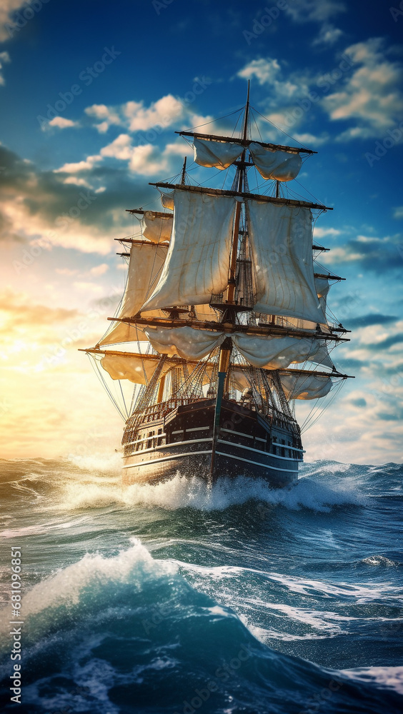 Historisches Segelschiff mit gesetzten Segeln im Sturm. Piratenschiff ...