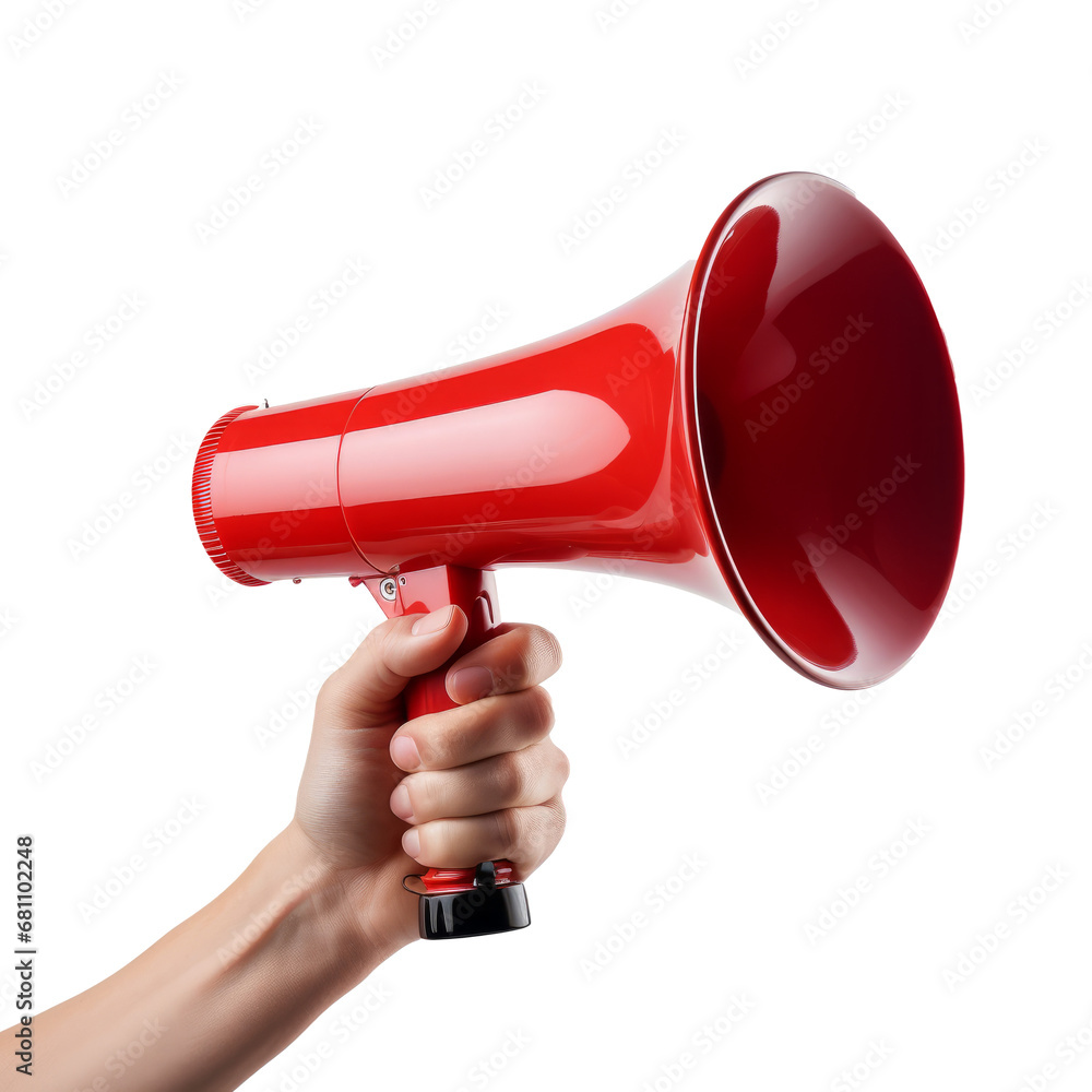 Hand holding megaphone isolated on transparent background. AI generated ...
