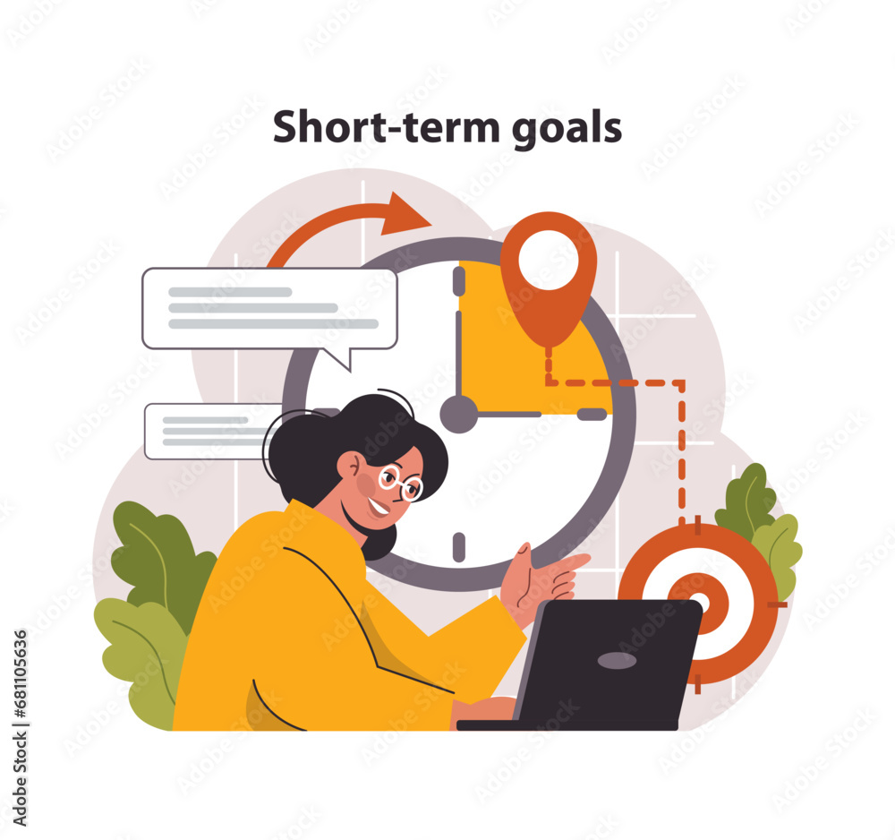 Short-term goals concept. Focused woman sets immediate objectives on ...