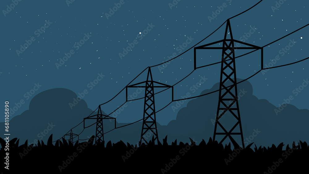 transmission line and tower against a clear blue sky and clouds likely ...