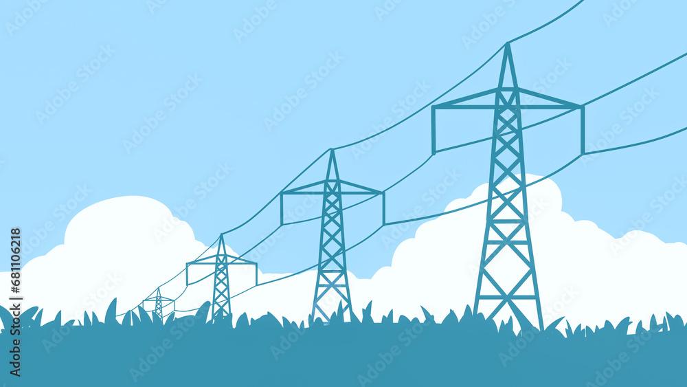 transmission line and tower against a clear blue sky and clouds likely ...