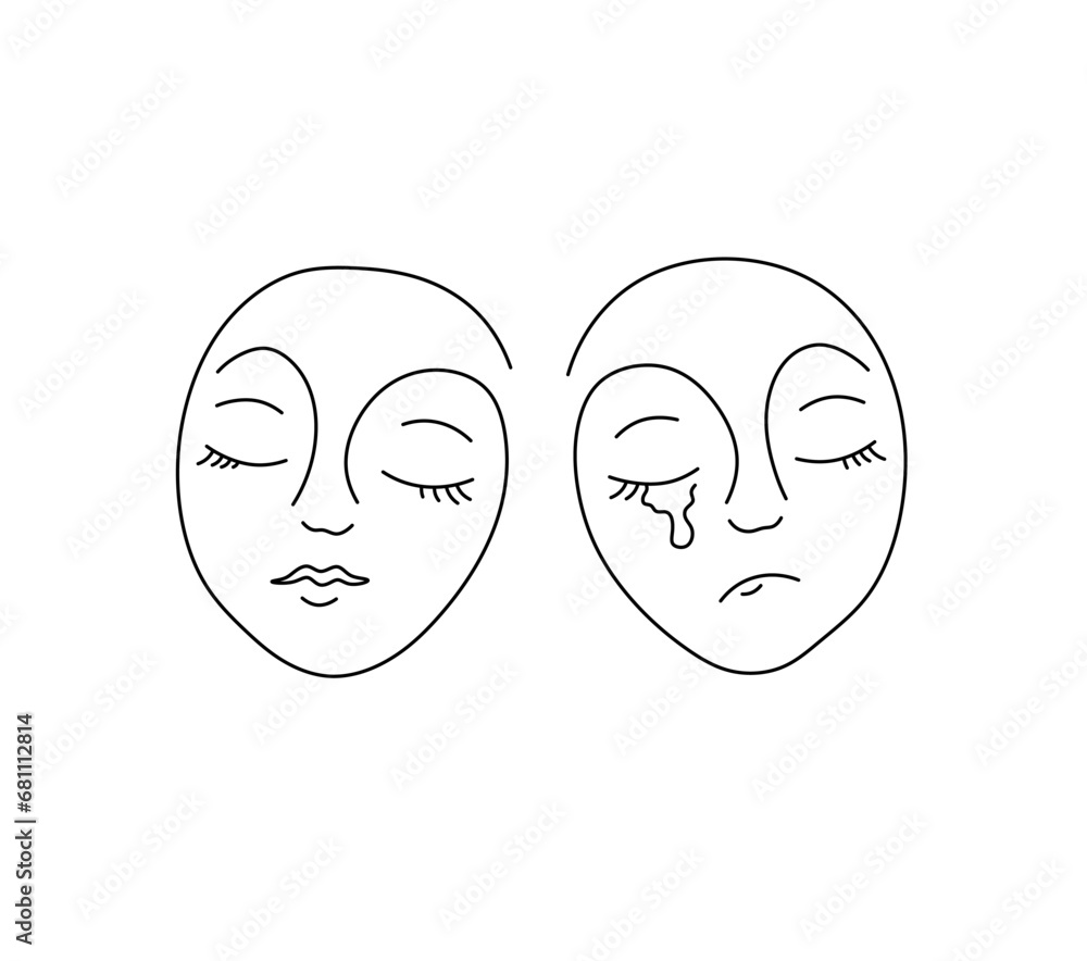 Vector isolated two faces sad and smiling colorless black and white contour line easy drawing ...