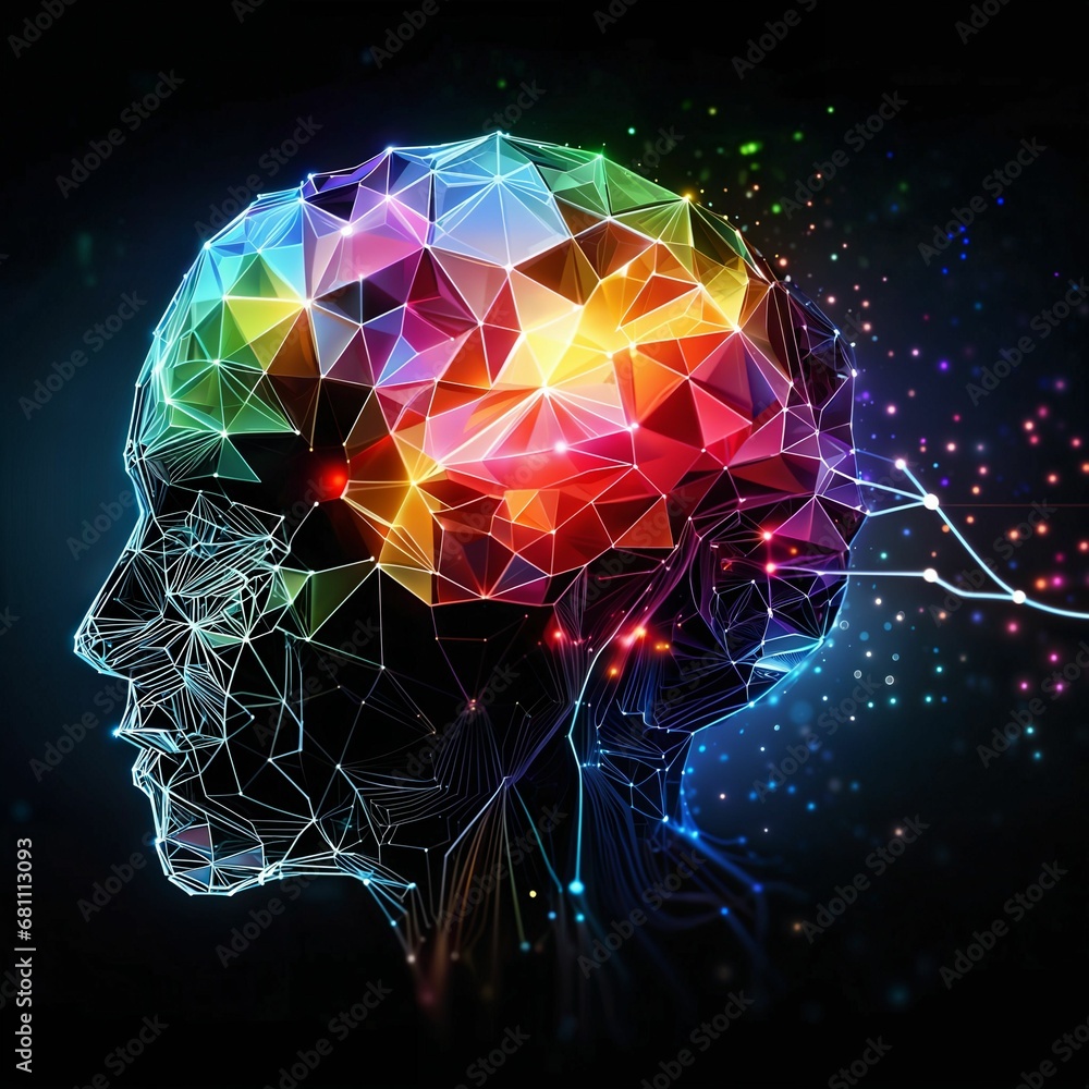 AI. A colorful abstract digital brain. Neural network connection lines and glowing dots. Machine ...