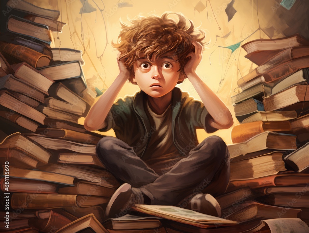 A child sitting on a stack of books. he is reading a book. a mess over ...