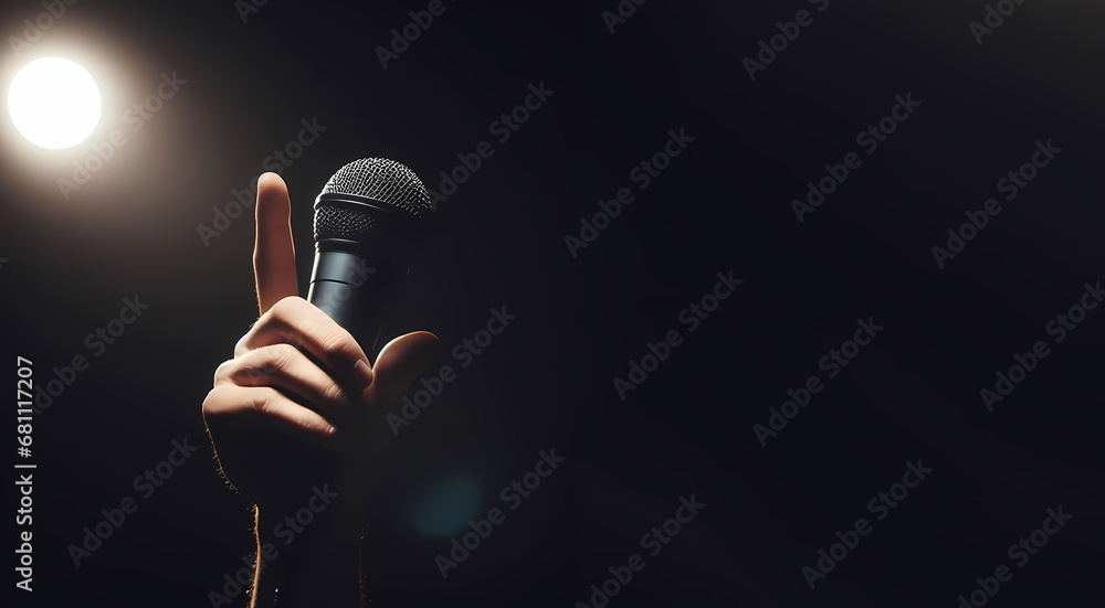Handheld microphone with stage lighting background , banner has space ...