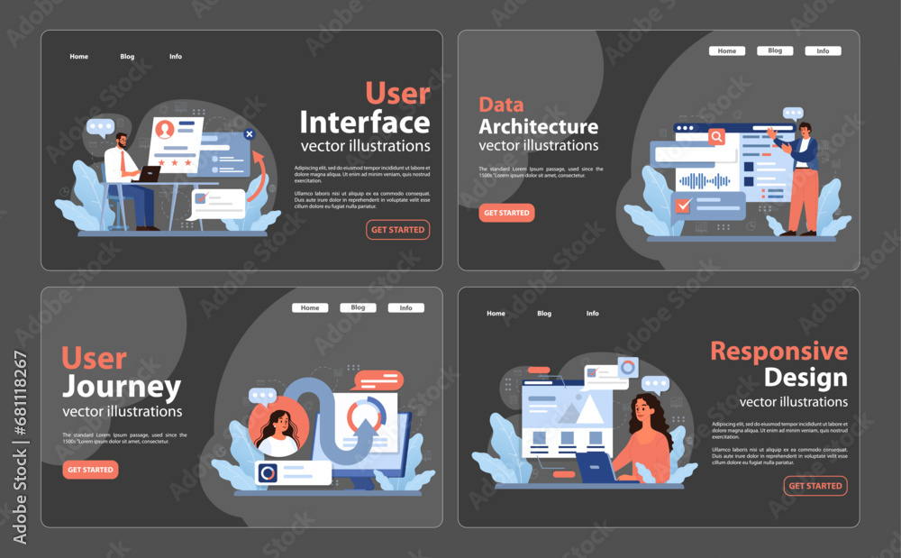 Web Development set. Modern user experiences. Professionals work on ...