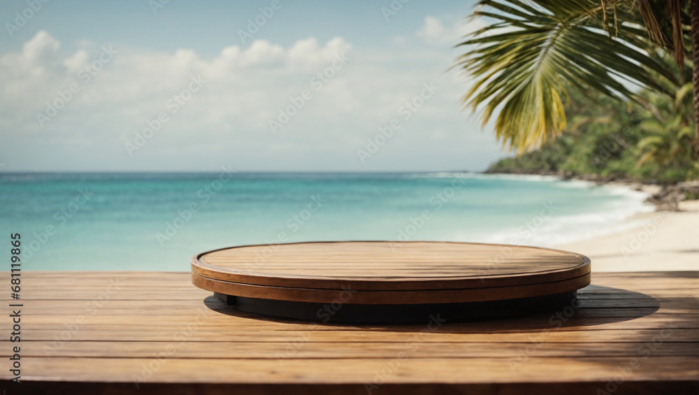 Tropical Serenity: Wooden Display Stage with Beach Backdrop Stock ...