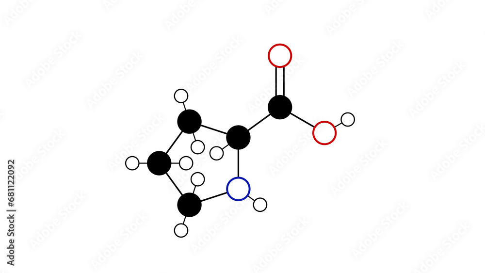 proline molecule, structural chemical formula, ball-and-stick model ...