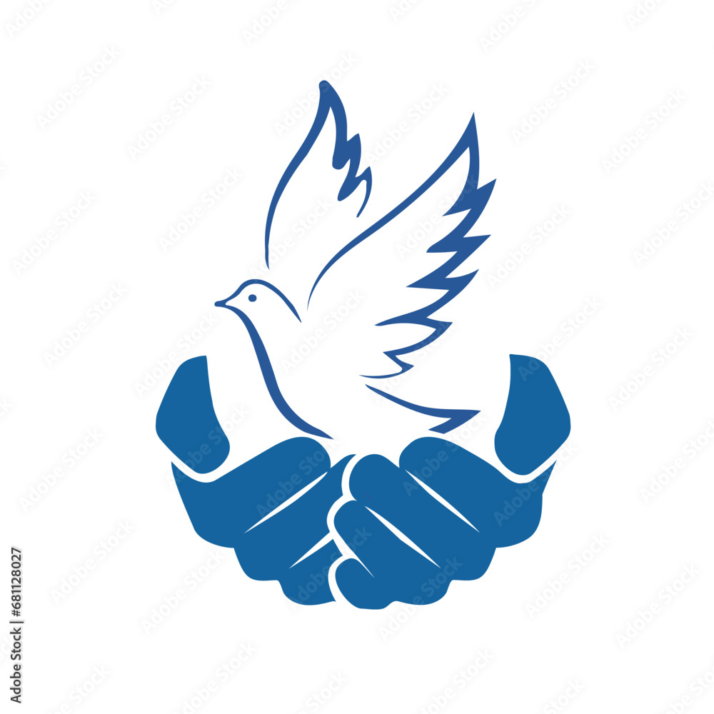 Dove icon with hand and olive leaf symbol. Care and peace concept sign ...