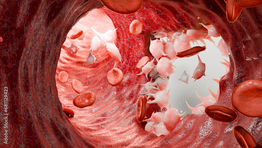 Hemostasis. Red blood cells and platelets in the blood vessel ...