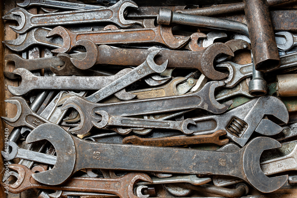 Wooden tool box of hand tools with old and dirty, rusty wrenches, ring ...