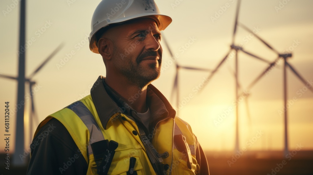 engineer feel success after good work. He standing a top of windmill ...