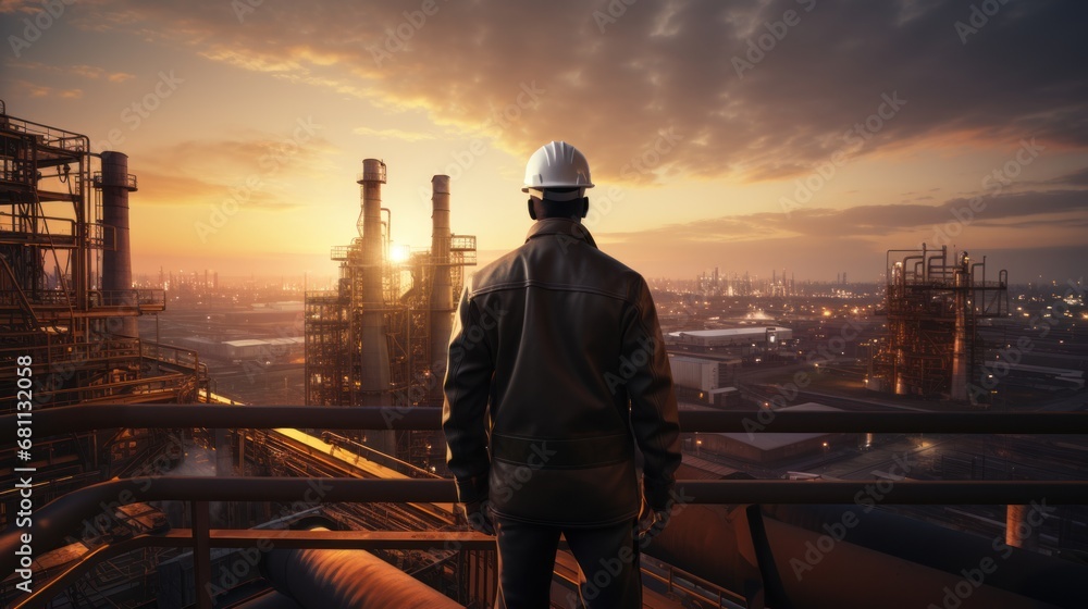 engineer feel success after good work. He standing a top of windmill ...