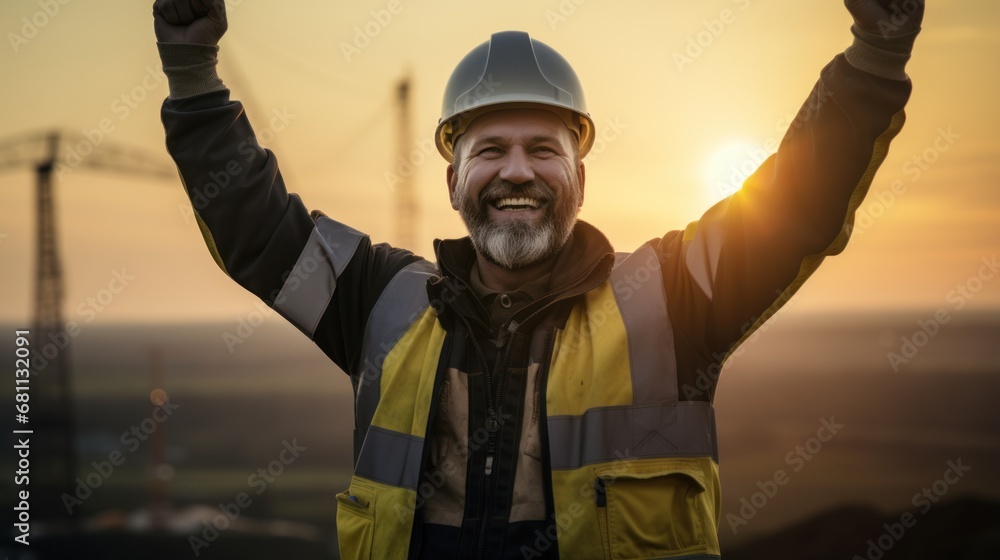engineer feel success after good work. He standing a top of windmill ...