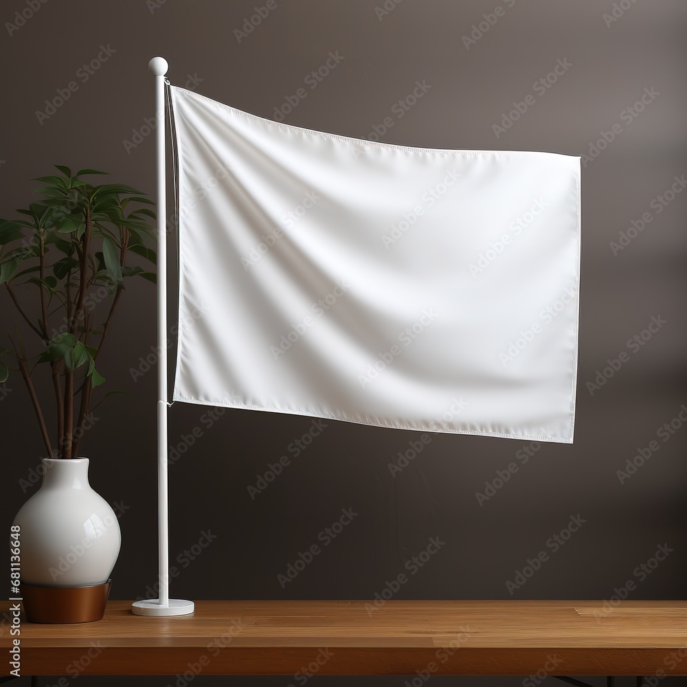 image of a blank white flag on a flagpole in a studio setting. The flag ...