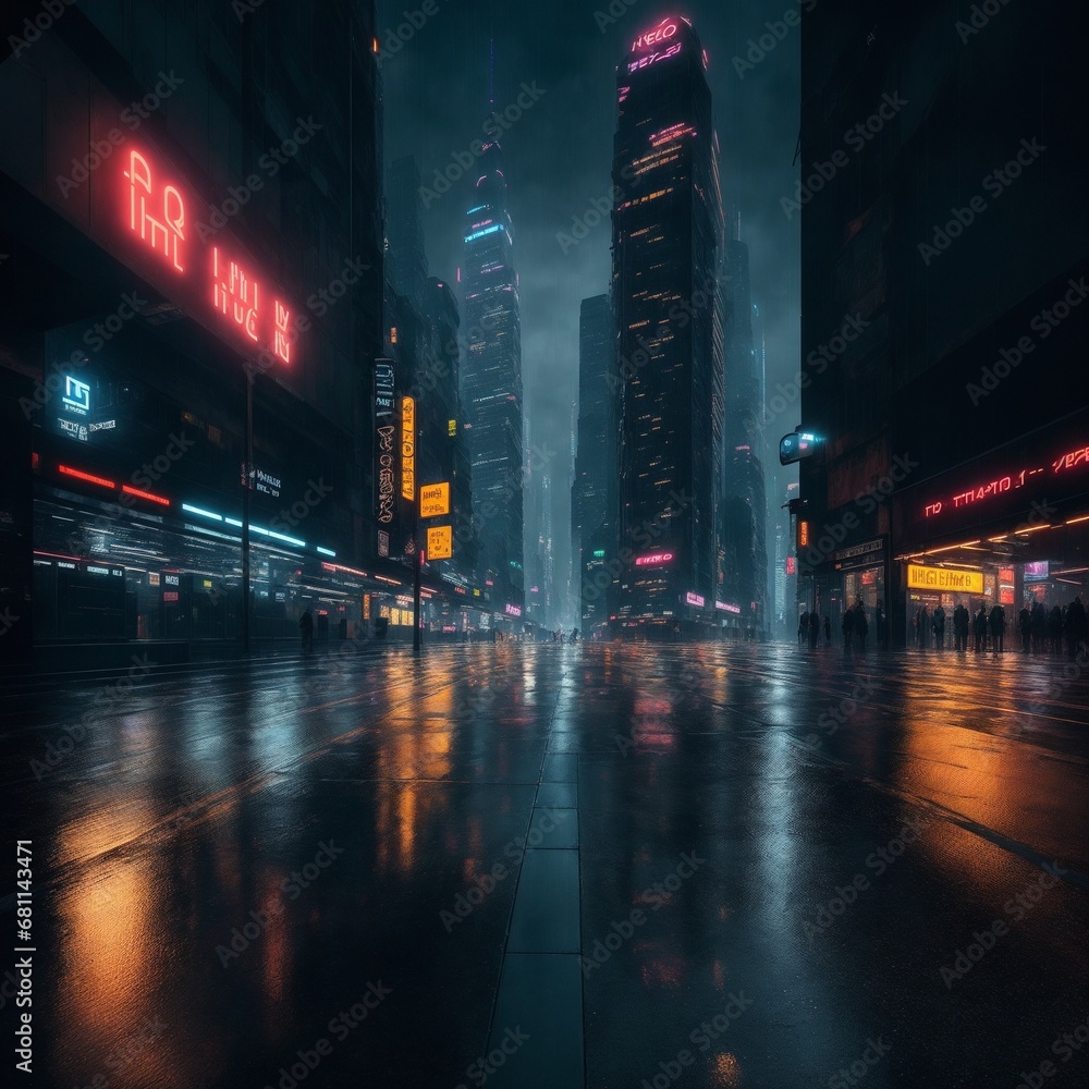 In the depth of the night, a towering cityscape emerges, draped in ...