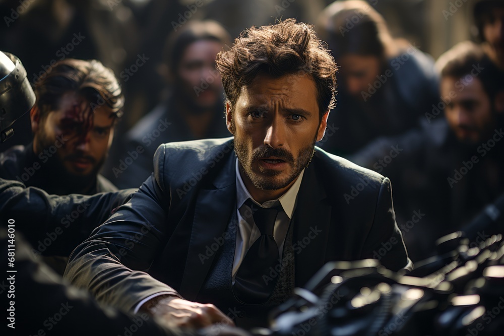 A cinematic still of an intense courtroom scene, capturing the dramatic ...