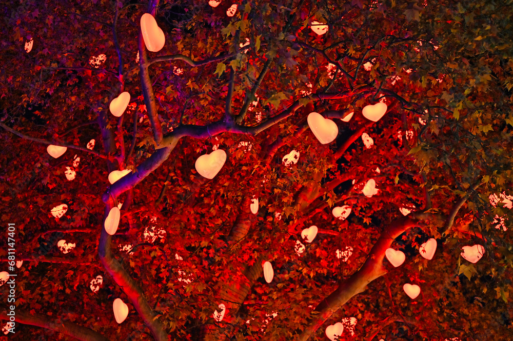 Illuminated tree with heart shaped lights at night in Vienna Stock ...