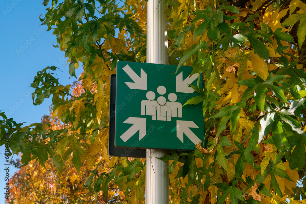 fire collection point, emergency exit signs and collection point for ...