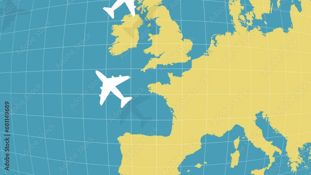 Airplanes fly over Europe continent grid map. Plane air travel. Euro ...