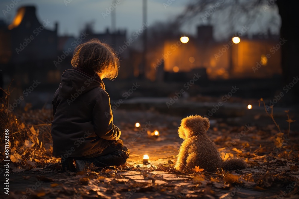 An image of a child sitting alone in the park at dusk, with their ...