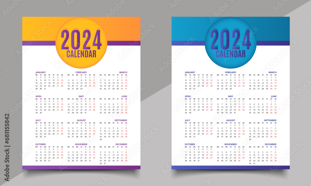 Calendar. One-page New Year calendar design. 2024 calendar design ...