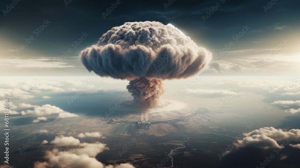 Satellite view of the explosion of a huge mushroom cloud, bomb on the ...