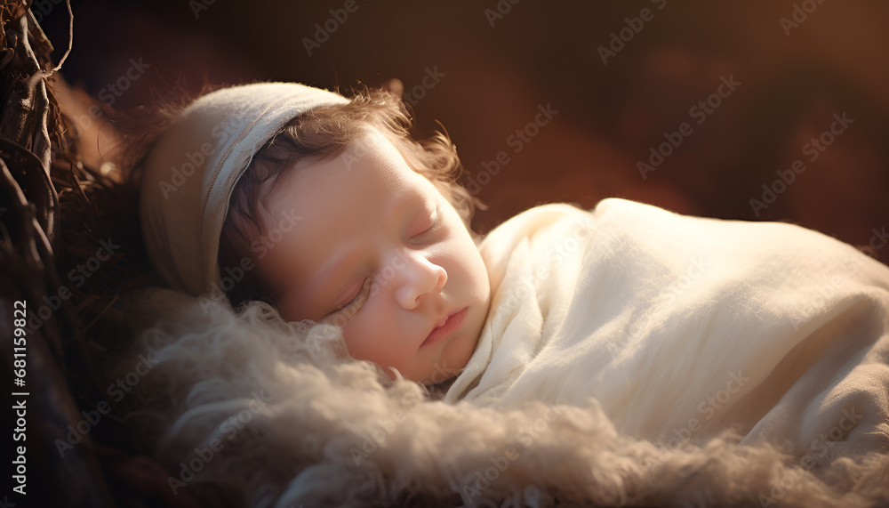 Christmas nativity scene. Portrait of Newborn Jesus Christ baby boy in ...