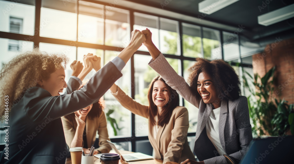 Moment of celebration, with a group of women in a business setting ...