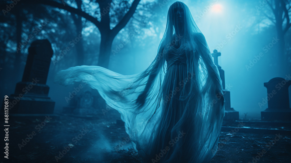 Mysterious female ghost silhouette veiled in translucent fabric emerges ...