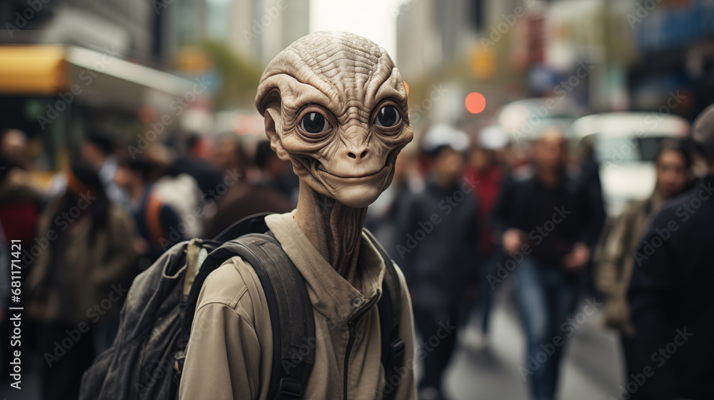 Futuristic portrait of a friendly alien in a street among surprised ...