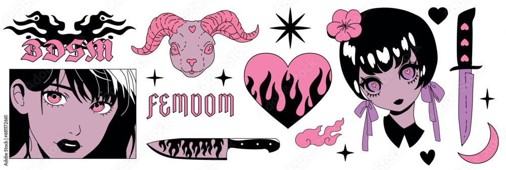 Vetor de Set of tattoo line art stickers with anime girls, fire, flame ...