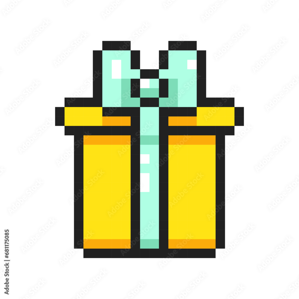 Pixel art present of gift box with bow, 8-bit present package. Pixel ...