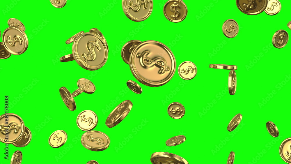 Glowing gold coins fall on a green background from above. Glowing gold ...