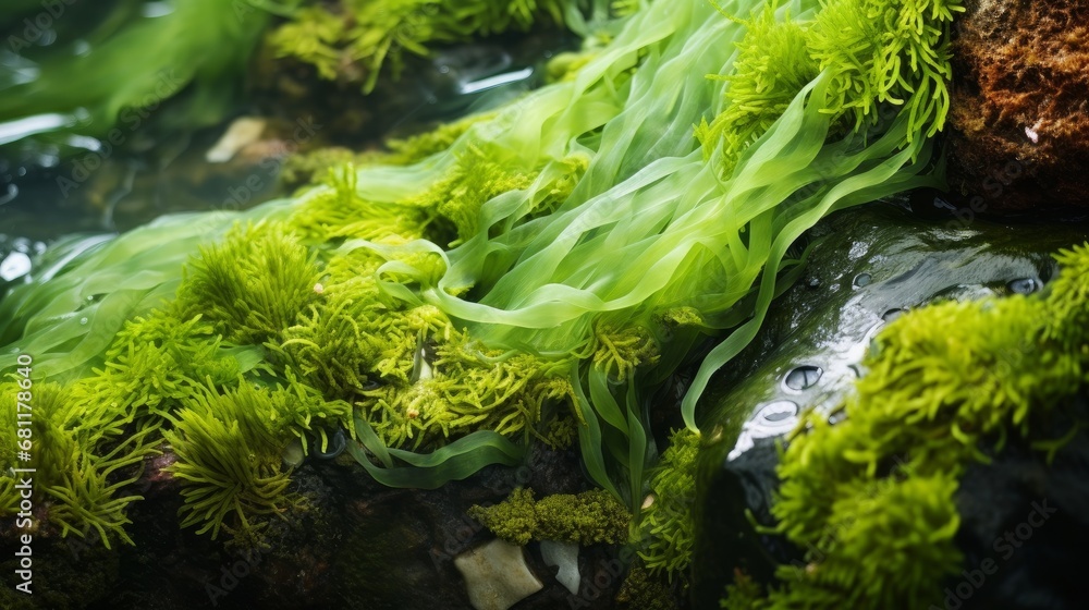 A close-up view depicting various types of coastal algae thriving in ...