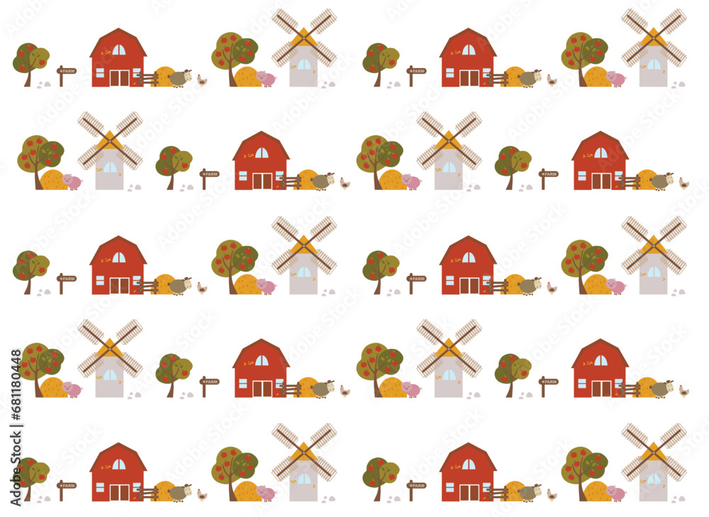 Farm pattern landscape background with barn, country house, animals, tractor, windmill, hay ...