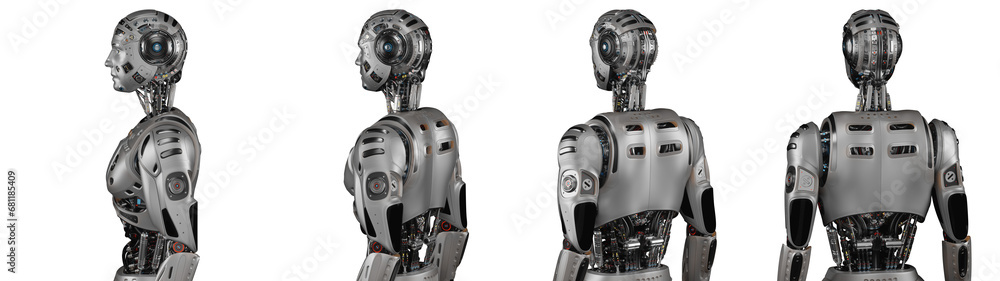Futuristic robot man or very detailed humanoid cyborg. Collage or set ...