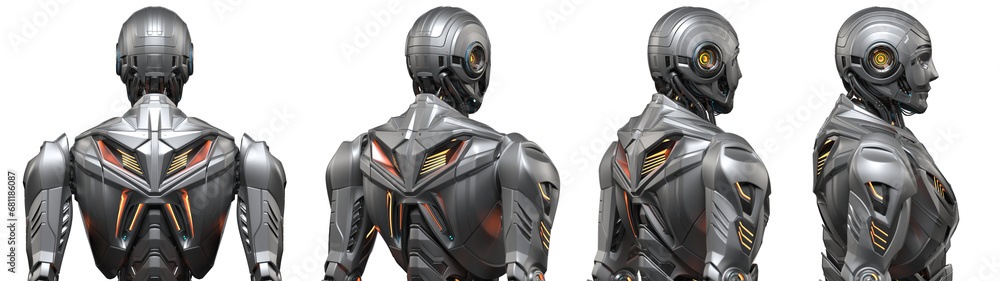 Futuristic robot man or very detailed humanoid cyborg. Collage or set ...