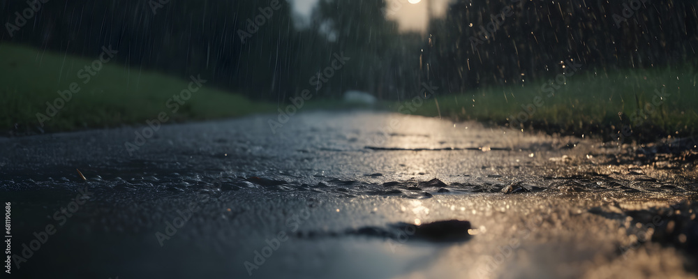 Tranquil scene of rain shower on an empty road, showcasing serene ...