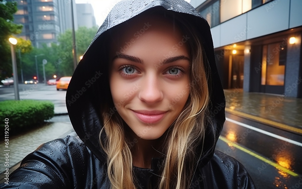 Selfie of a 20 year old fair-skinned European girl in the hood of a dark jacket in the rain ...