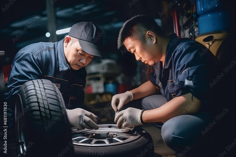 Car garage workers working together to repair service car vehicle wheel ...