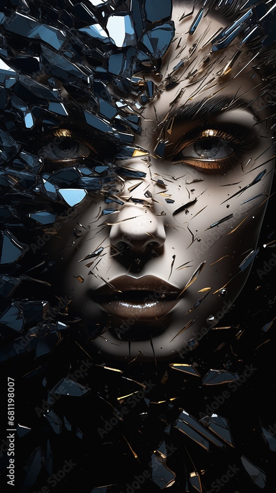 womans face shattered glass background avatar artificial life facial ...