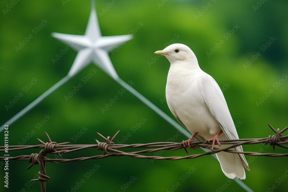 White dove of freedom on Pakistan flag background and barbed wire ...